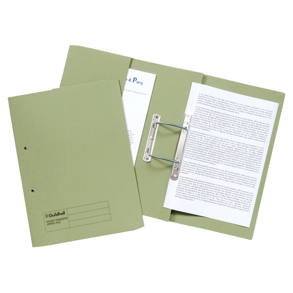 Guildhall Heavyweight Transfer Spiral Pocket File 420gsm Foolscap Green ...