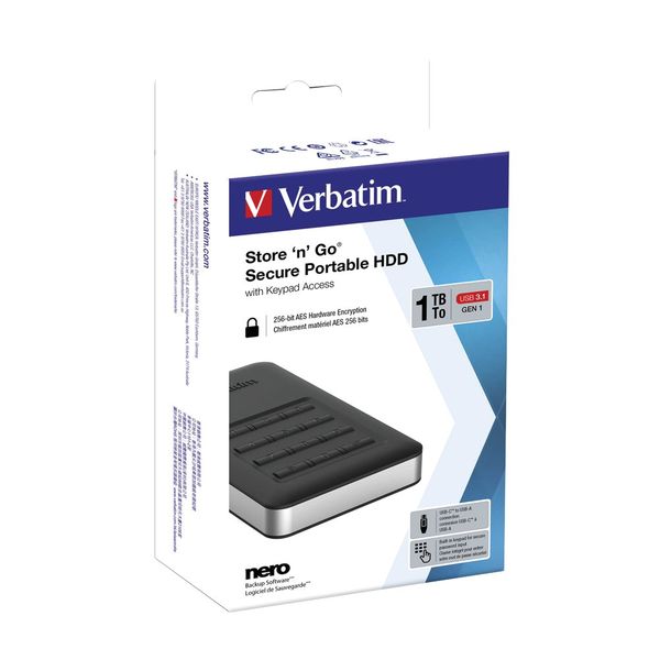 Verbatim 1TB Black Store n Go Secure Portable HDD - 53401