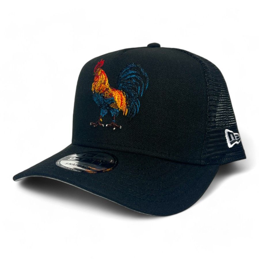 Rooster El Gallo Black Mesh New Era Trucker A-Frame Snapback Hat