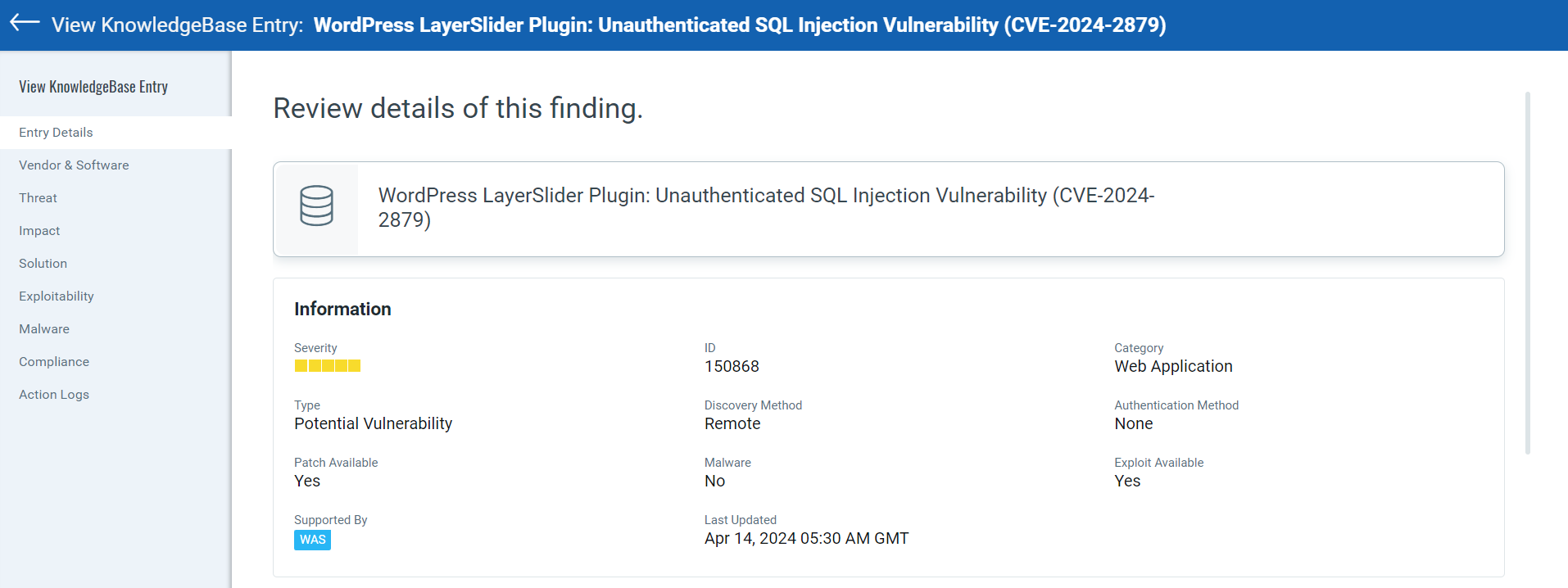 Wordpress Layerslider Plugin Sql Injection Vulnerability Cve 2024 2879 Qualys