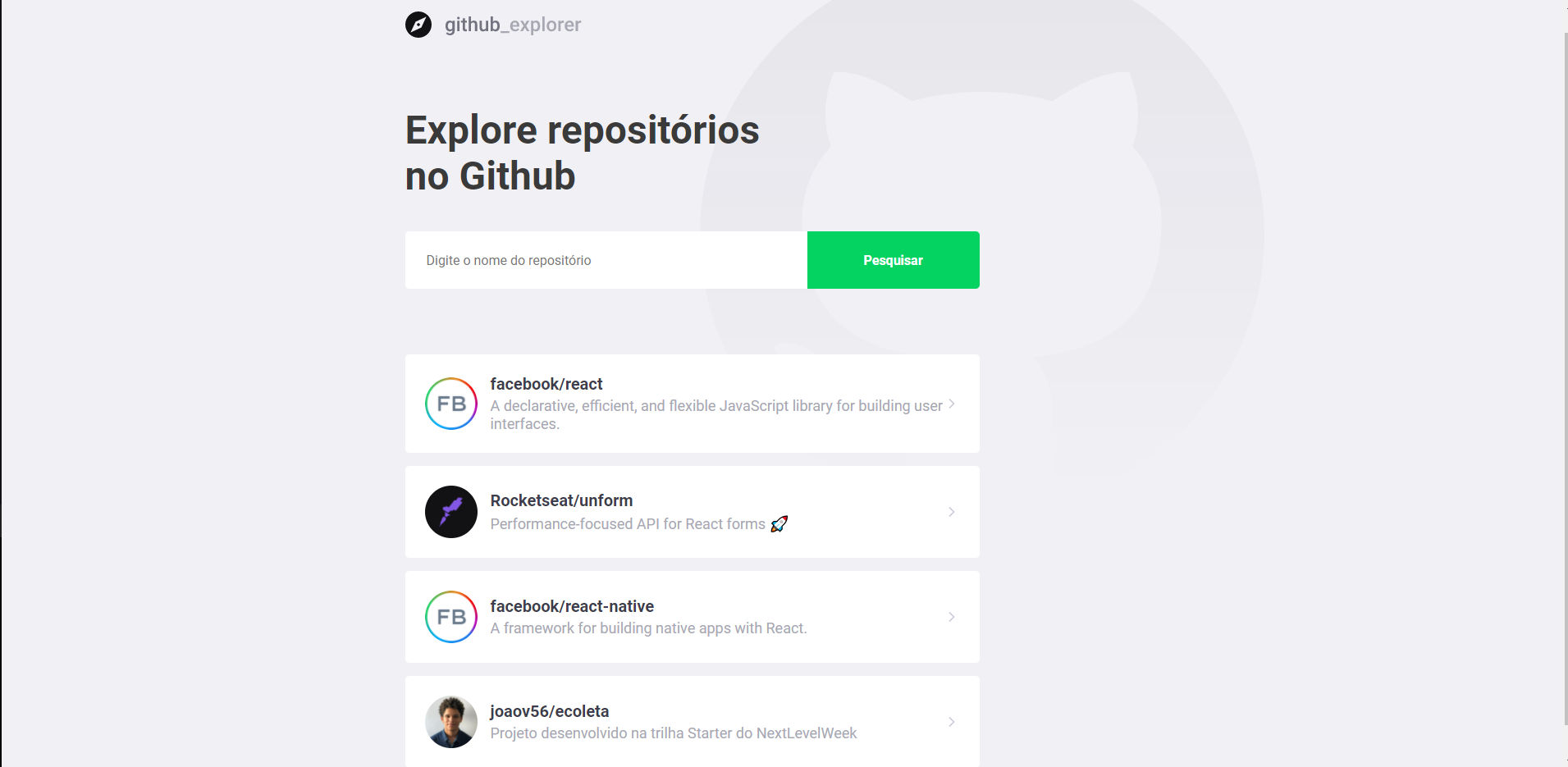 GitHub - joaov56/github-explorer: A project developed using react and typescript and consuming ...