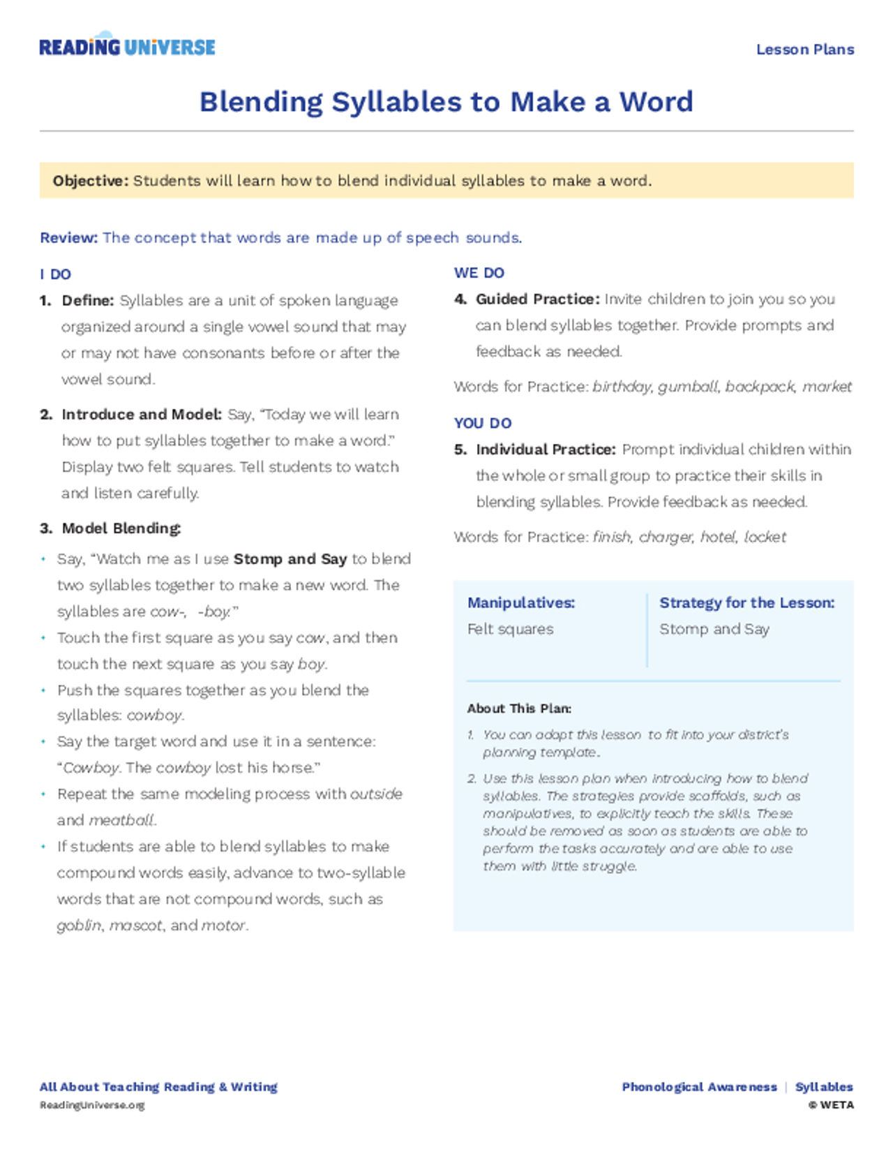 Reading Universe Blending Syllables To Make A Word Lesson Plan reading-universe-blending-syllables-to-make-a-word-lesson-plan