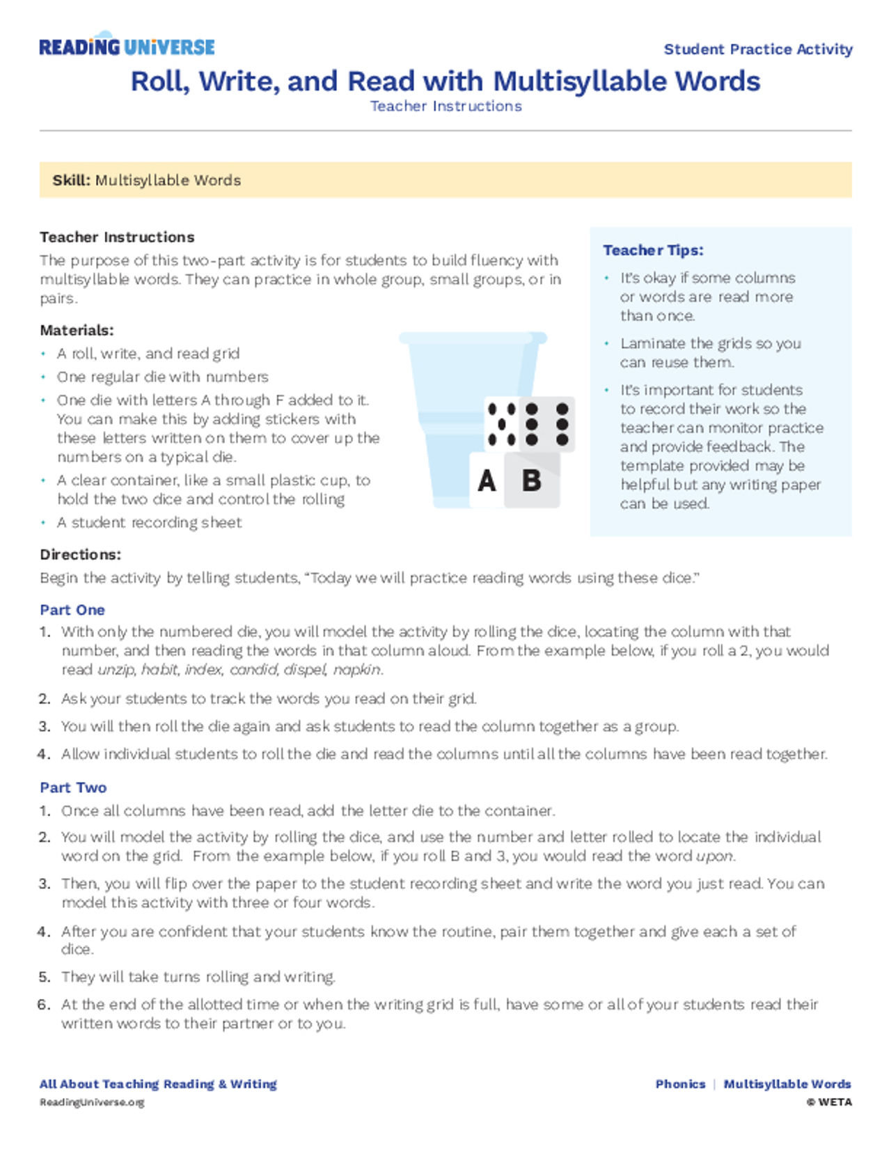 Reading Universe | Roll, Write, and Read with Multisyllable Words