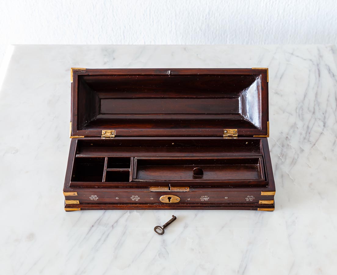 British Colonial Rosewood Pen Box with Silver Inlay - The Past Perfect ...