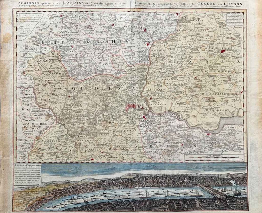 Antique Map London & Surroundings – Homann Heirs – 1741 (dated)