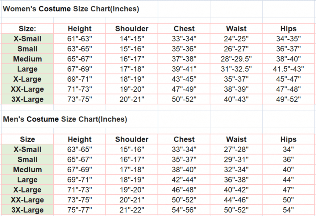 Clothes Size Chart and Shoes Size Chart | Speed Cosplay