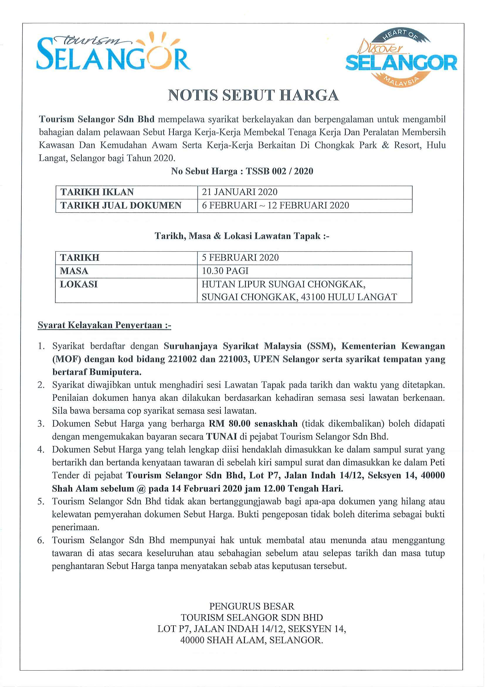 Tender Notice - Tourism Selangor