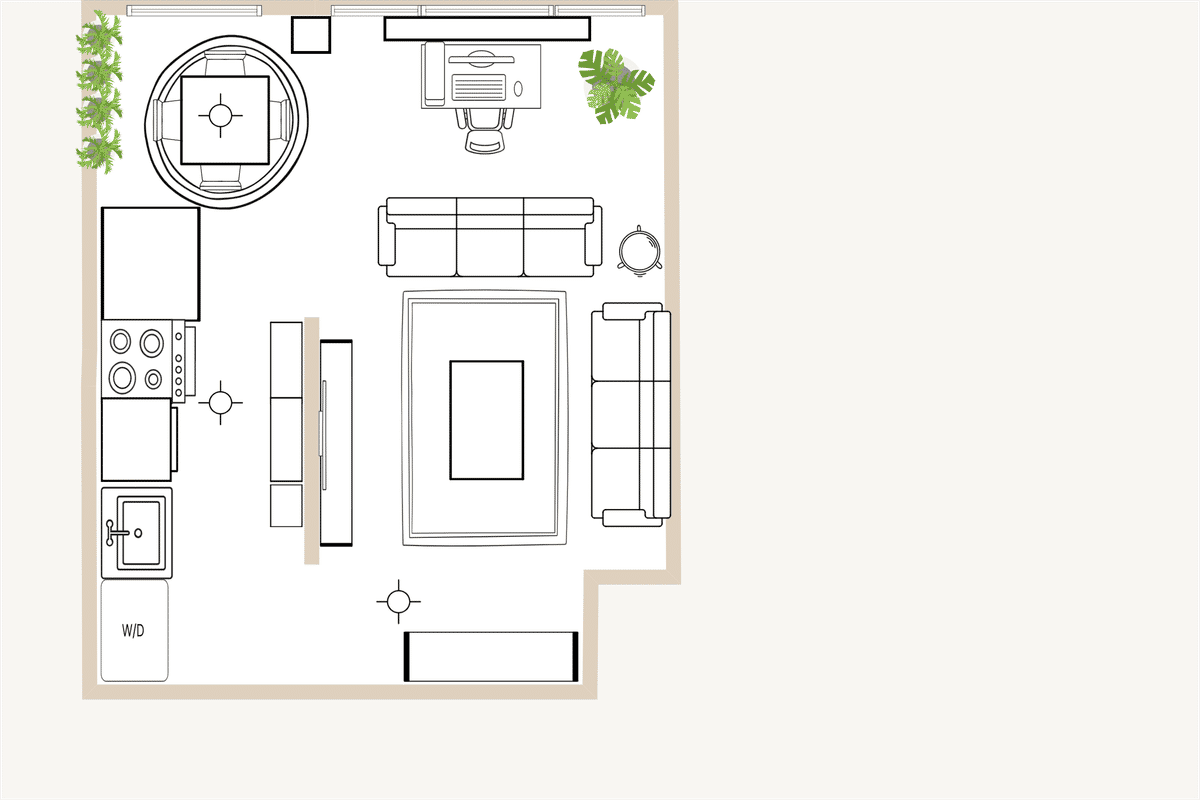 Kitchen + living room layouts and floor plan ideas.