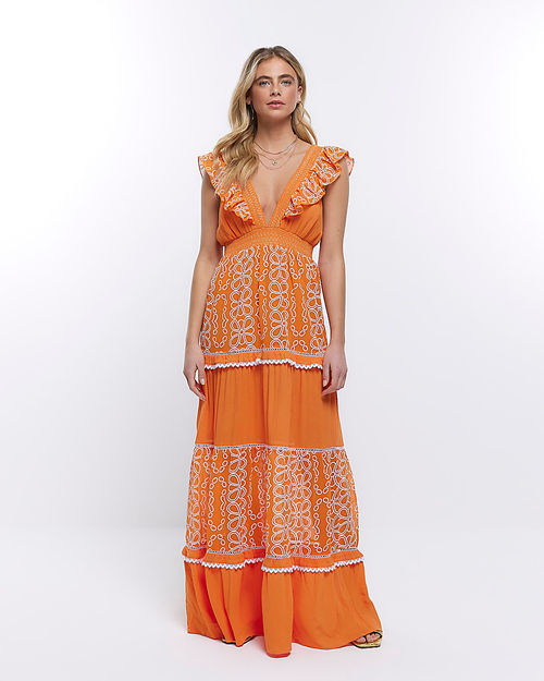 River Island Womens Orange Floral Frill Detail Beach Maxi Dress £35