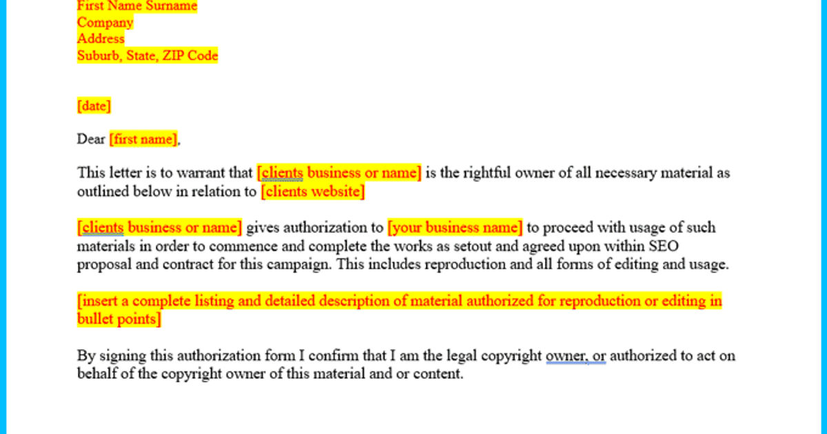 Copyright Authorization Word Template - Free Download