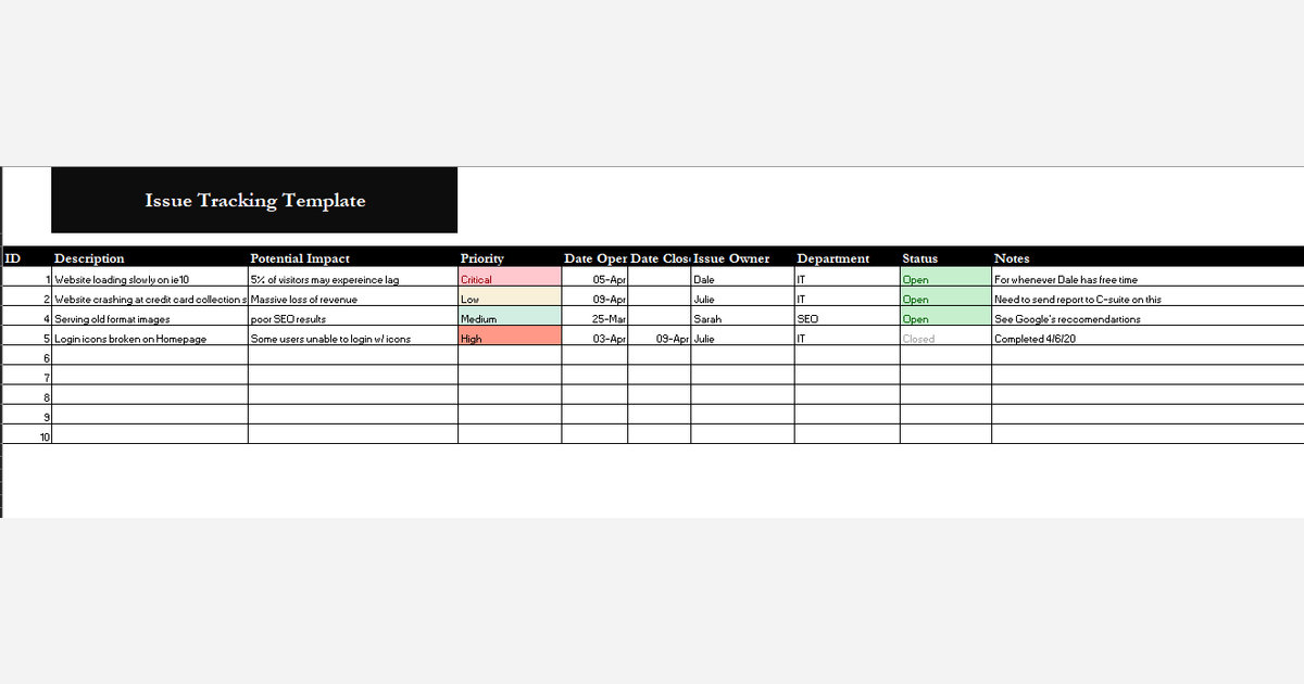 Free Issue Tracking Template