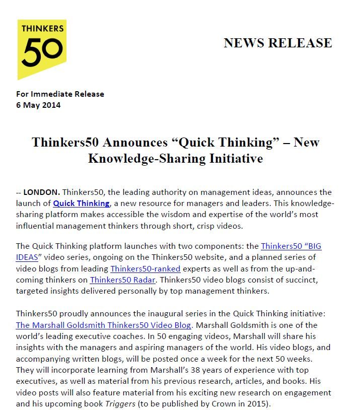 Thinkers50 Announces “Quick Thinking” – New Knowledge-Sharing ...