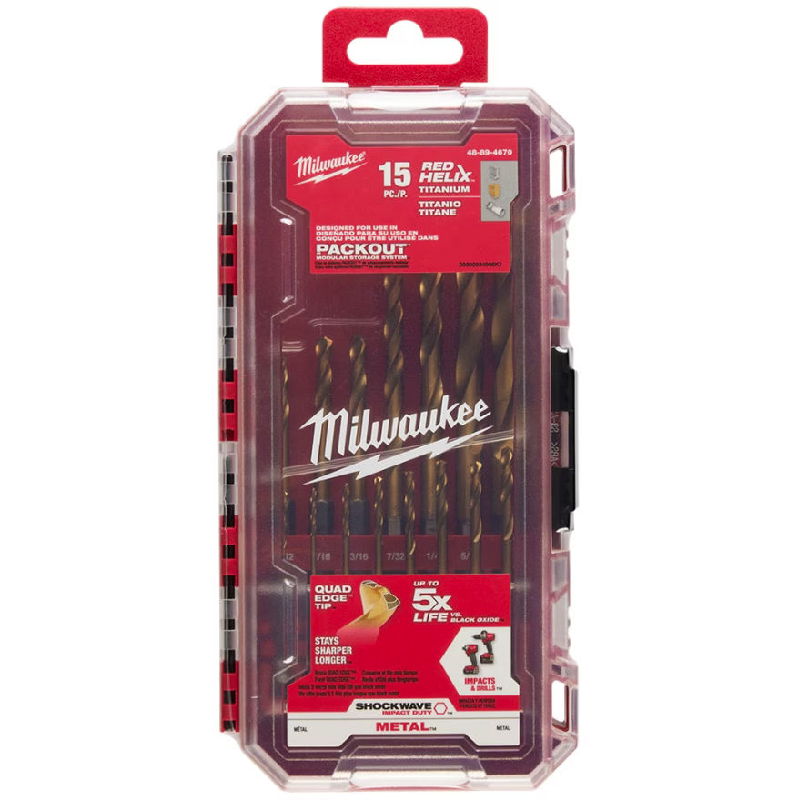 Milwaukee SHOCKWAVE 15PC Impact Duty Titanium RED HELIX Drill Bit Set ...
