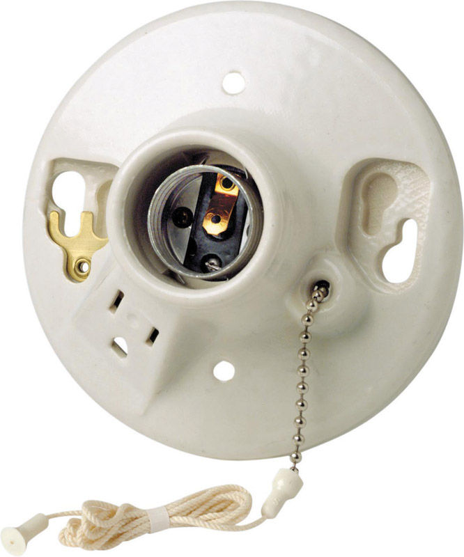 Leviton Porcelain Incandescent Medium Base Pull Chain Socket w/Outlet ...
