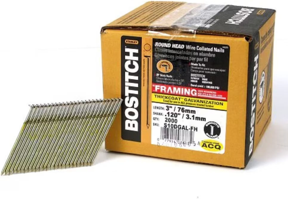 3" x 0.120" (10D) Bostitch 28Deg Galvanized Smooth Shank Wire Collated ...