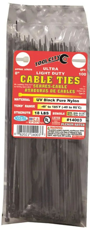 Tool City 8 in. Ultra Light Duty 18 lbs. Tensile Cable Ties Black (100 ...