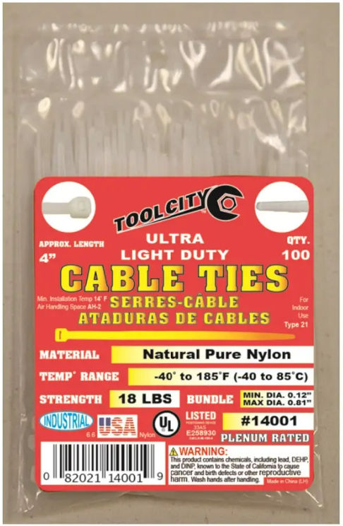 Tool City 4 in. Ultra Light Duty 18 lbs. Tensile Cable Ties Natural ...