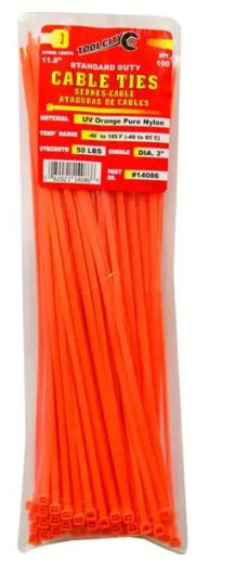 Tool City 11.8 in. Standard Duty 50 lbs. Tensile Cable Ties Orange (100 ...