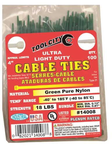 Tool City 4 in. Ultra Light Duty 18 lbs. Tensile Cable Ties Green (100 ...
