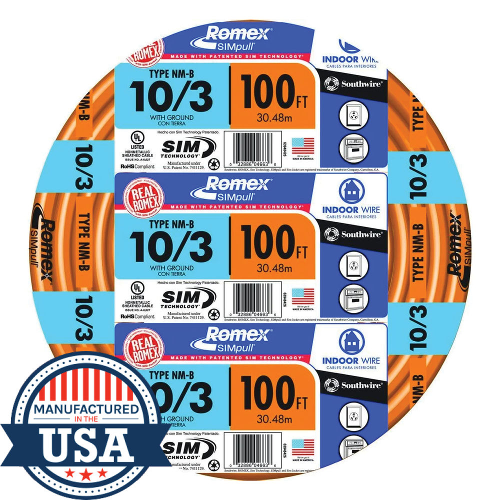 Southwire Romex SIMpull NM-B 10/3 Solid Indoor Wire with Ground 100 ft ...