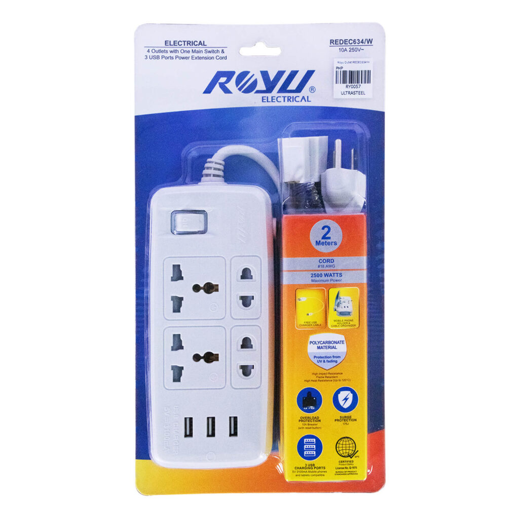 Royu Extension Cord 4 Outlet 1Main, 3USB White REDEC634/W - Tacloban ...