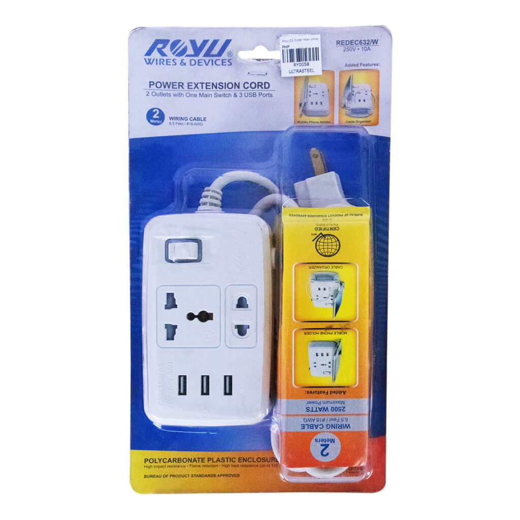 Royu Extension Cord 2 Outlet 1Main, 3USB White REDEC632/W - Tacloban ...