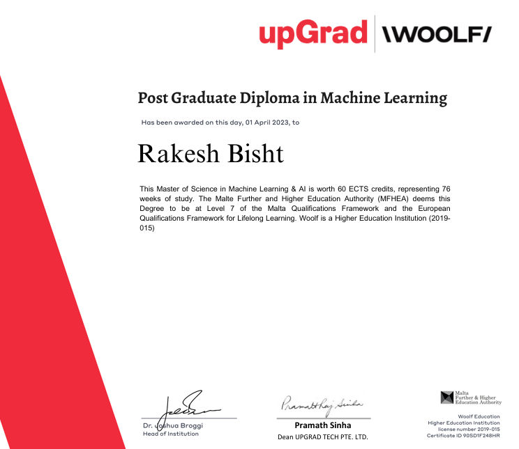 Post Graduate(PG) Diploma in Machine Learning by Woolf and upGrad
