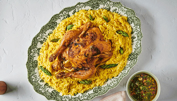 Saffron orzo risotto with rosemary chicken and hazelnut gremolata ...