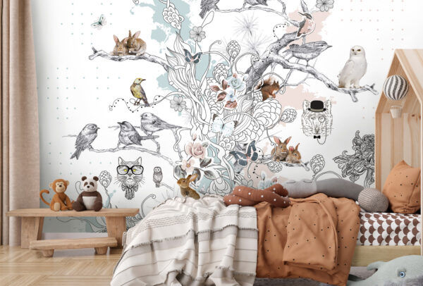 Behang Felice - Kinder behang met bloemetjes en schattige dieren