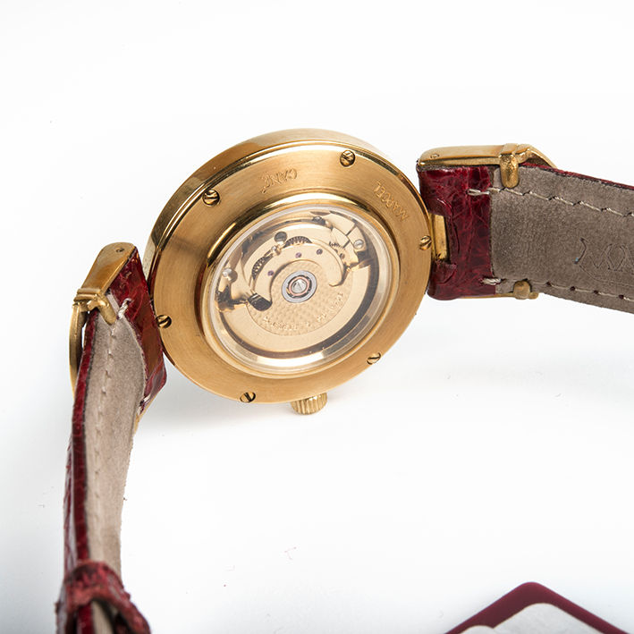 Orologio anni '90 Marcel Canè in oro 18 Kt e diamanti cinturino bordeaux