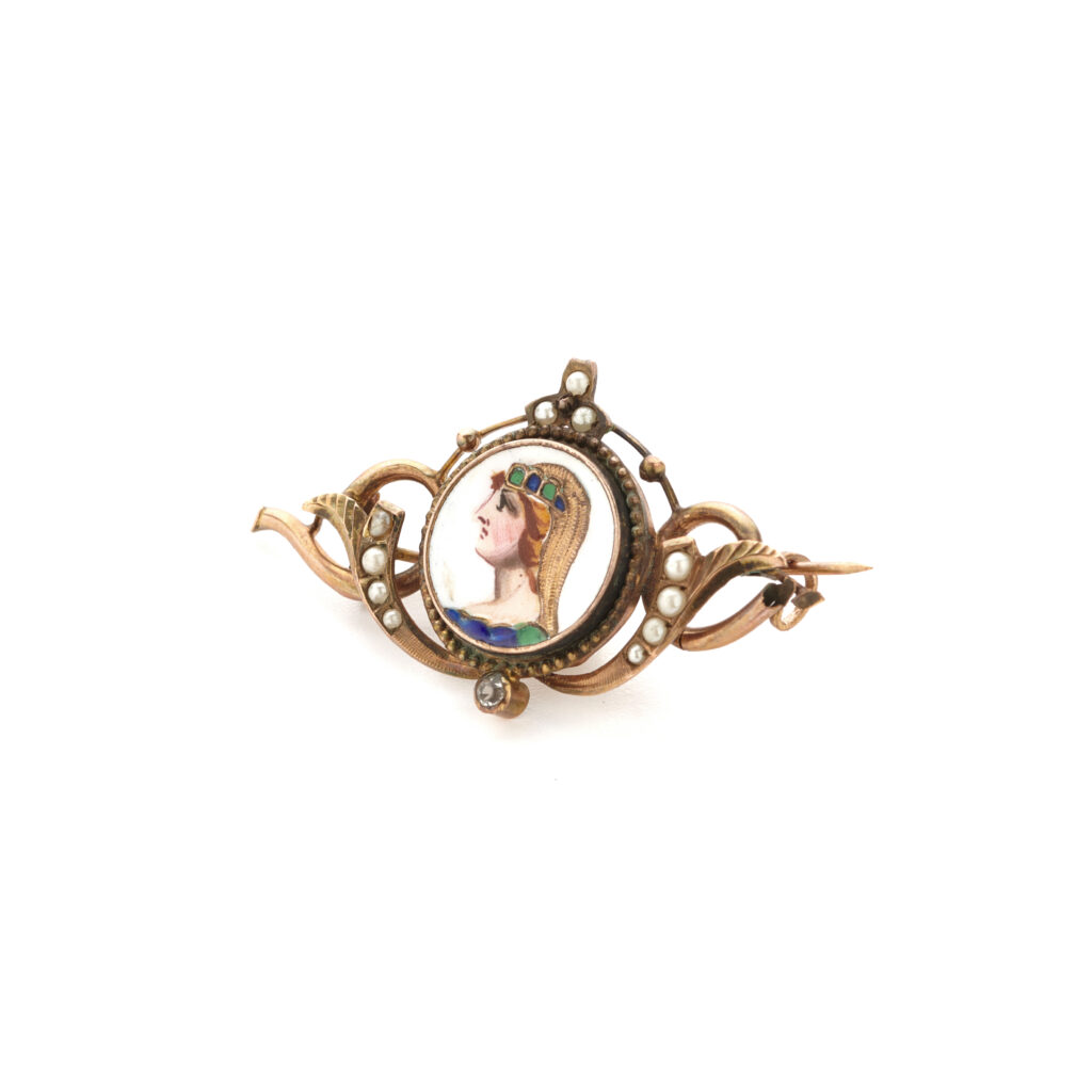Spilla antica primi '900 in oro 9 kt con volto di donna smaltato ...