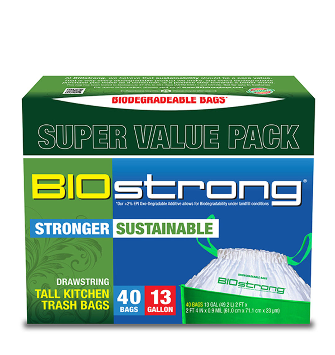 Biostrong 13gal. Biodegradable drawstring kitchen trash bag (40 bags ...