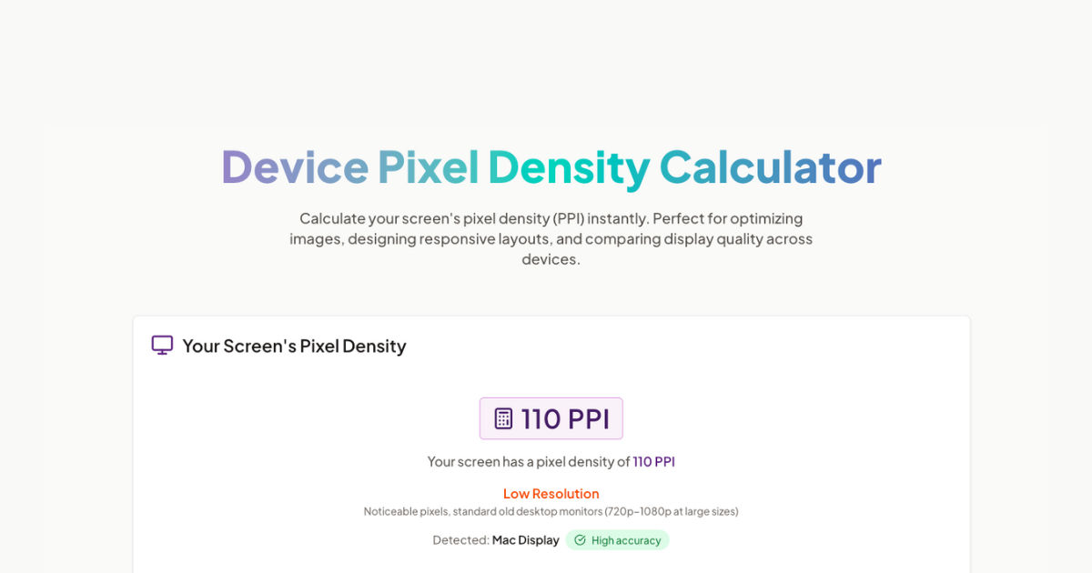 Device Pixel Density Calculator - Free PPI Calculator Tool
